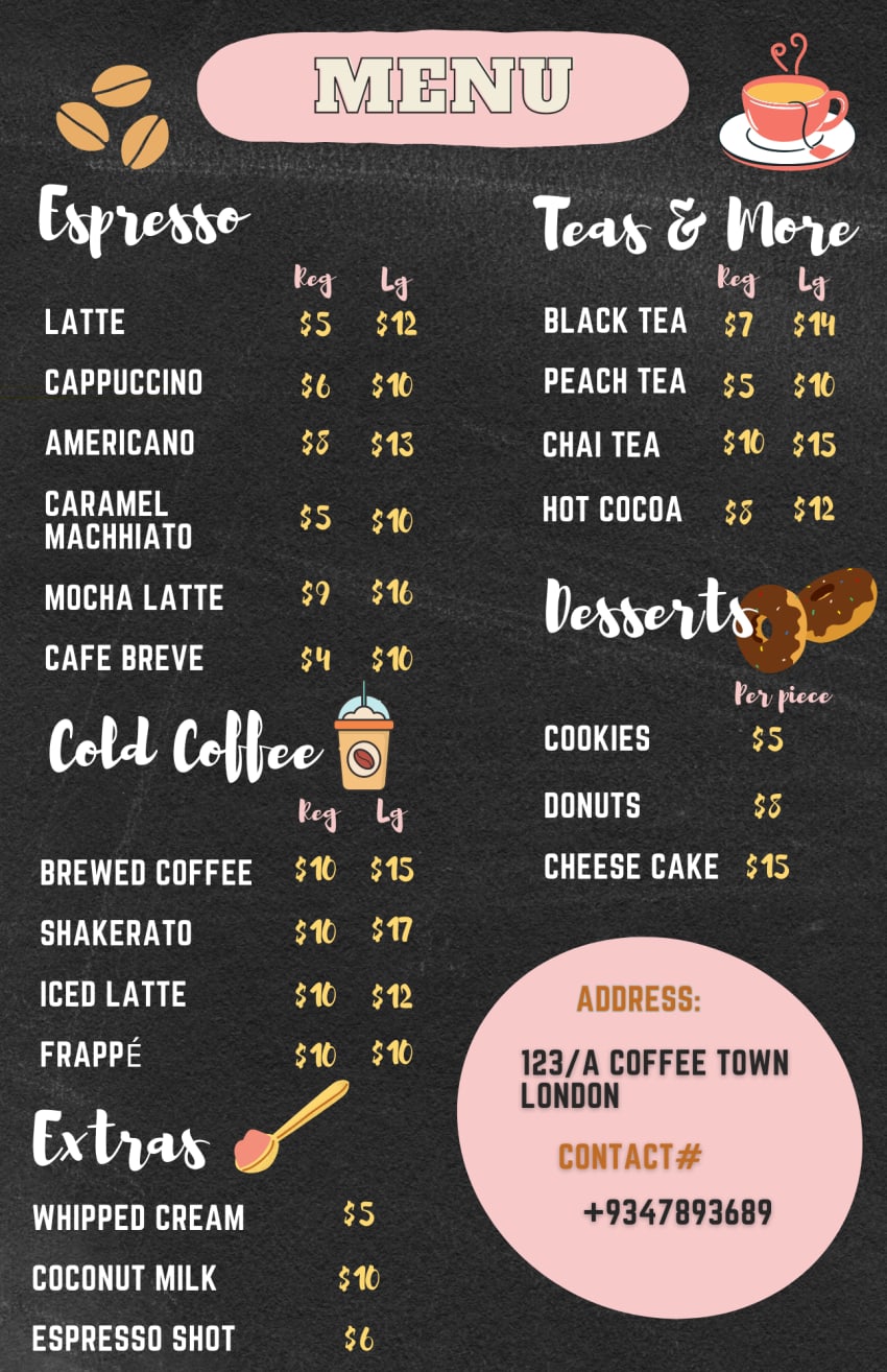 Coffee shop menu card on Behance by Mamoona Nafees